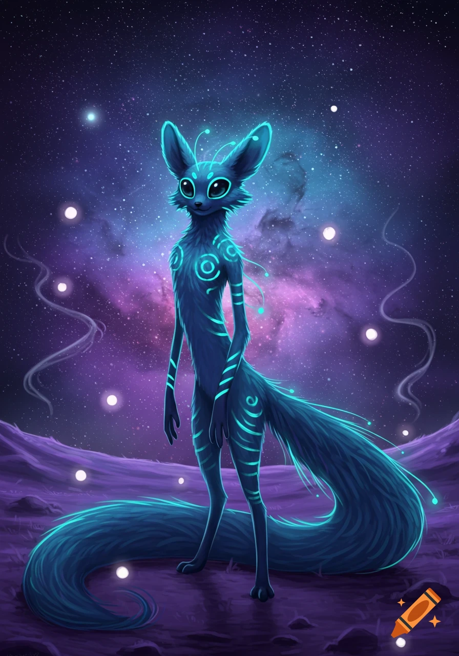 A tall, lean blue alien fox-like creature with glowing patterns stands ...