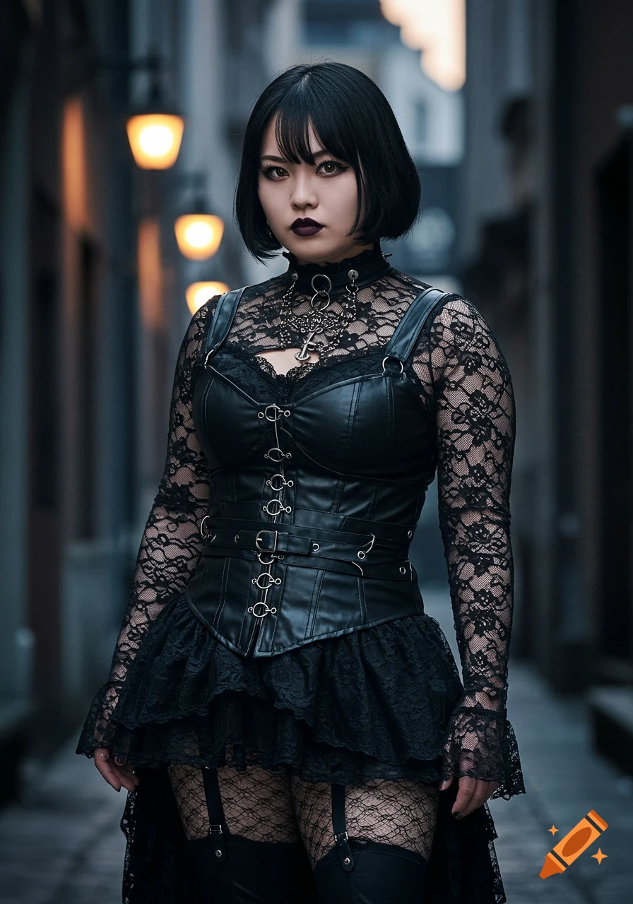Photorealistic portrait of a Japanese woman in goth fashion, wearing a ...