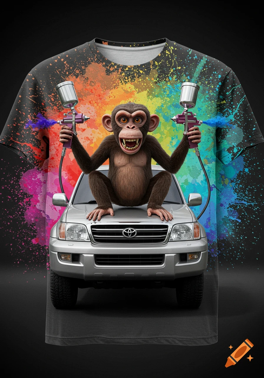 A 3D cartoon monkey sits on a silver Toyota Prado, holding two spray ...