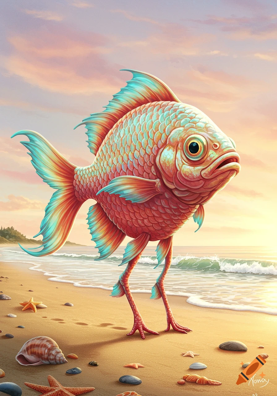 A vibrant, colorful fish with human-like legs walks on a sandy beach at ...