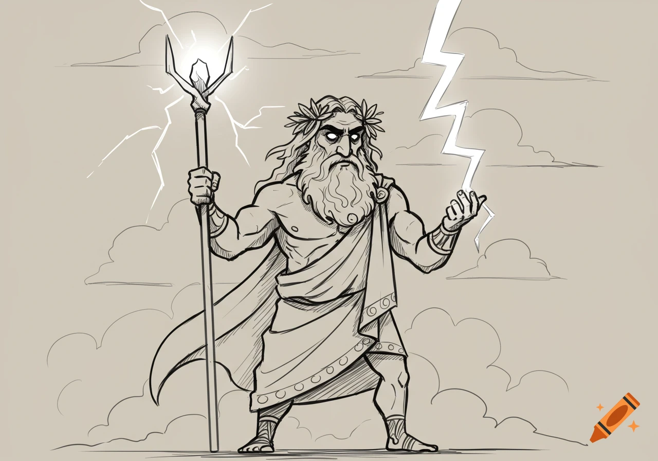 Cartoony sketch of Zeus with a beard and toga, holding a glowing staff ...
