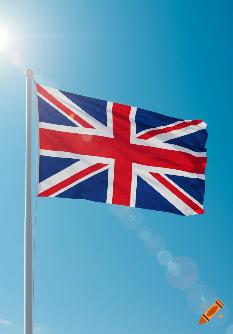 The Union Jack, the British flag, waves proudly against a clear blue ...