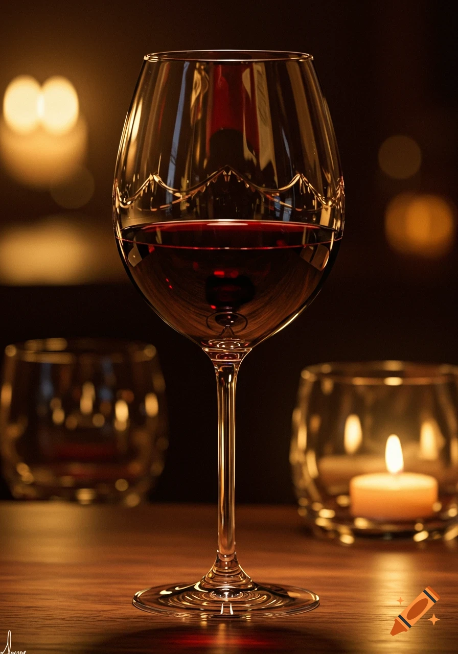 A glass of red wine with a stylized letter 'f' forming the stem and ...