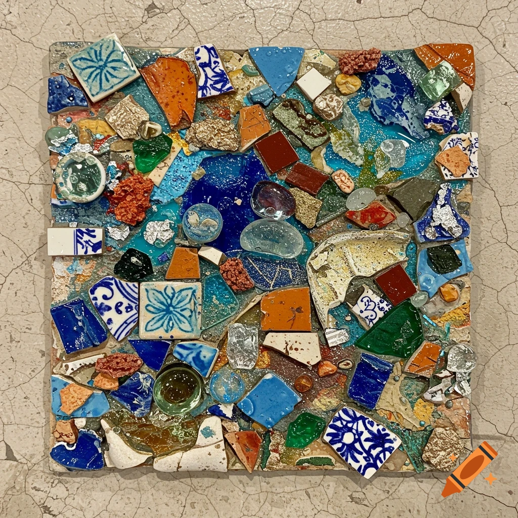 A vibrant, abstract mosaic art piece made of broken ceramic tiles ...