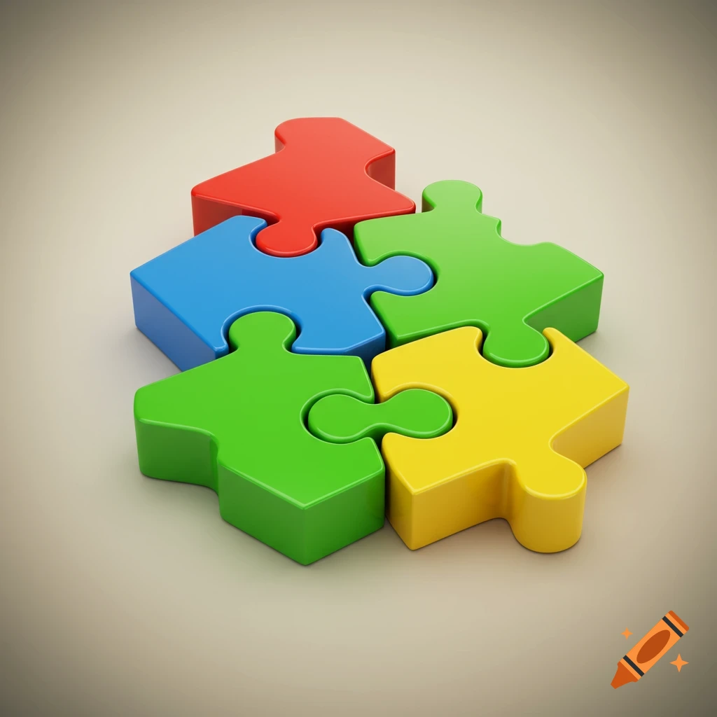 3D illustration of four interlocking puzzle pieces in red, blue, green ...