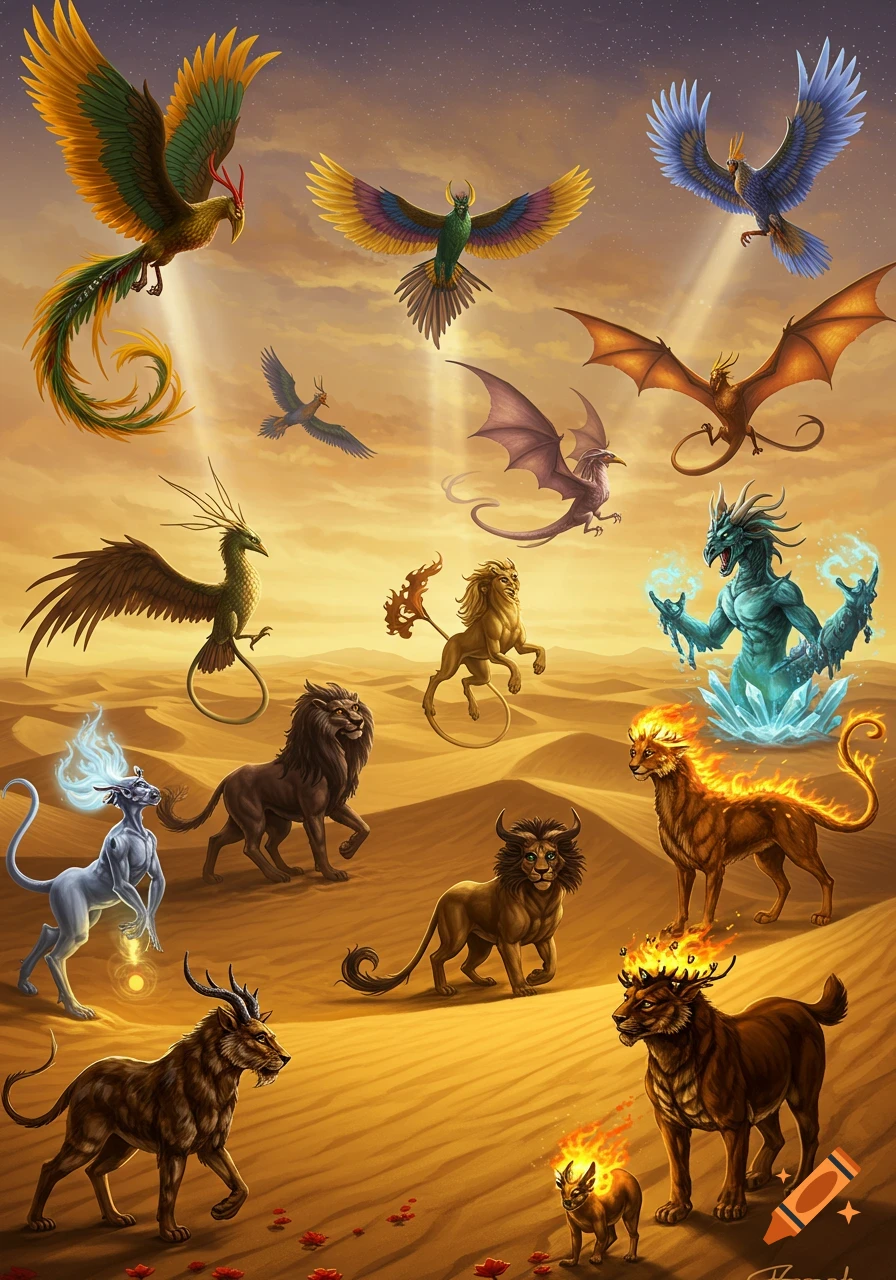 A vibrant digital art illustration of numerous mythical creatures ...