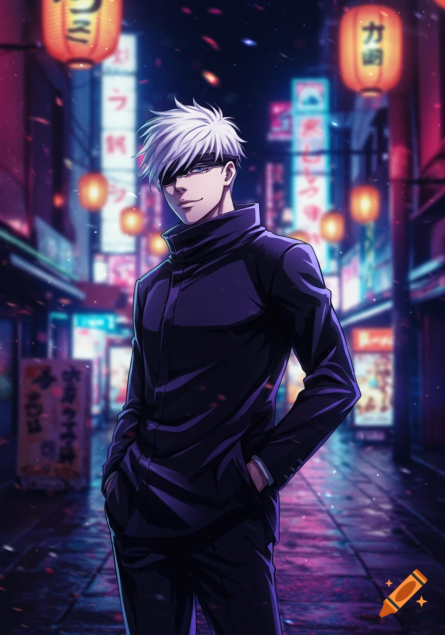Full body illustration of Satoru Gojo in a dynamic pose on Craiyon