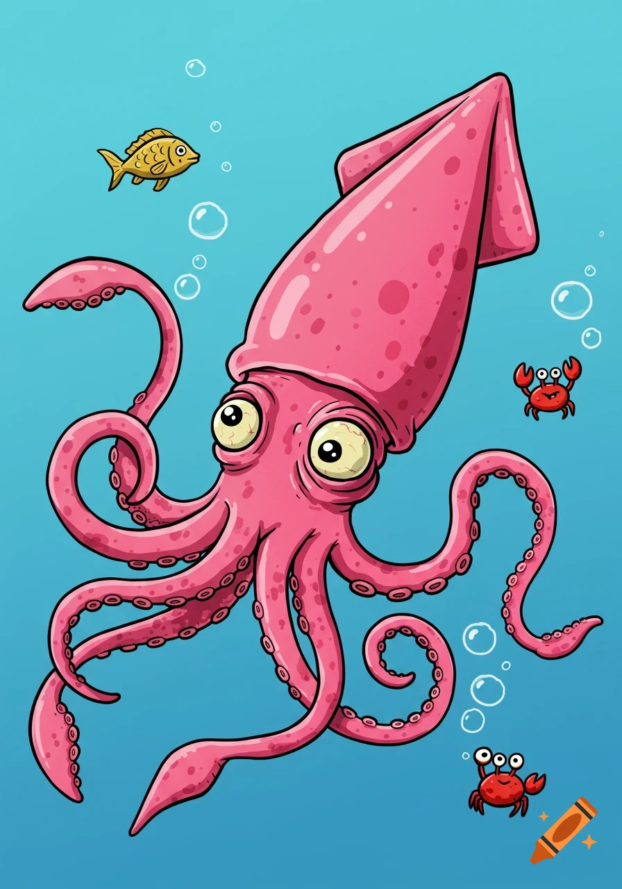 A pink cartoon squid with large eyes swims underwater with a yellow ...