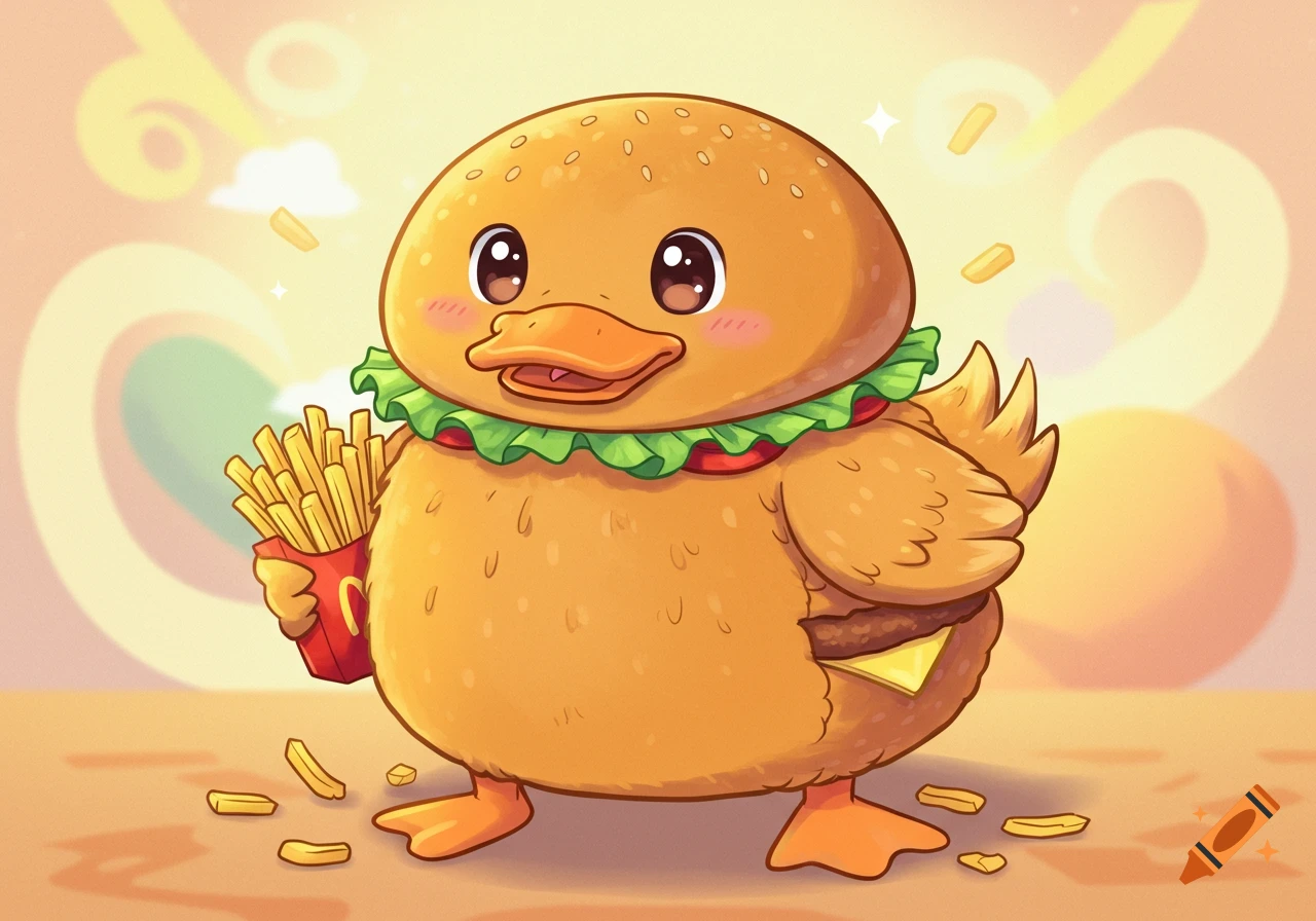 A cute, fat, cartoon burger-themed duck holding a red box of french ...