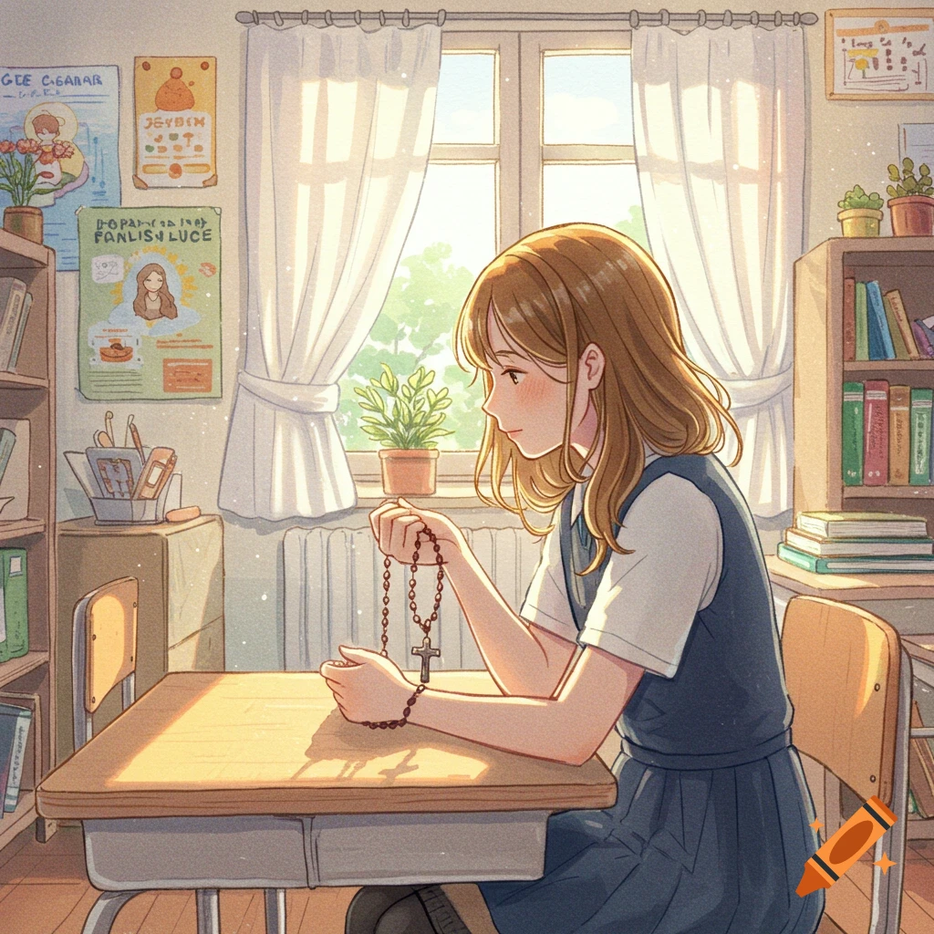 An anime girl in a school uniform, appearing pregnant, sits at a desk ...