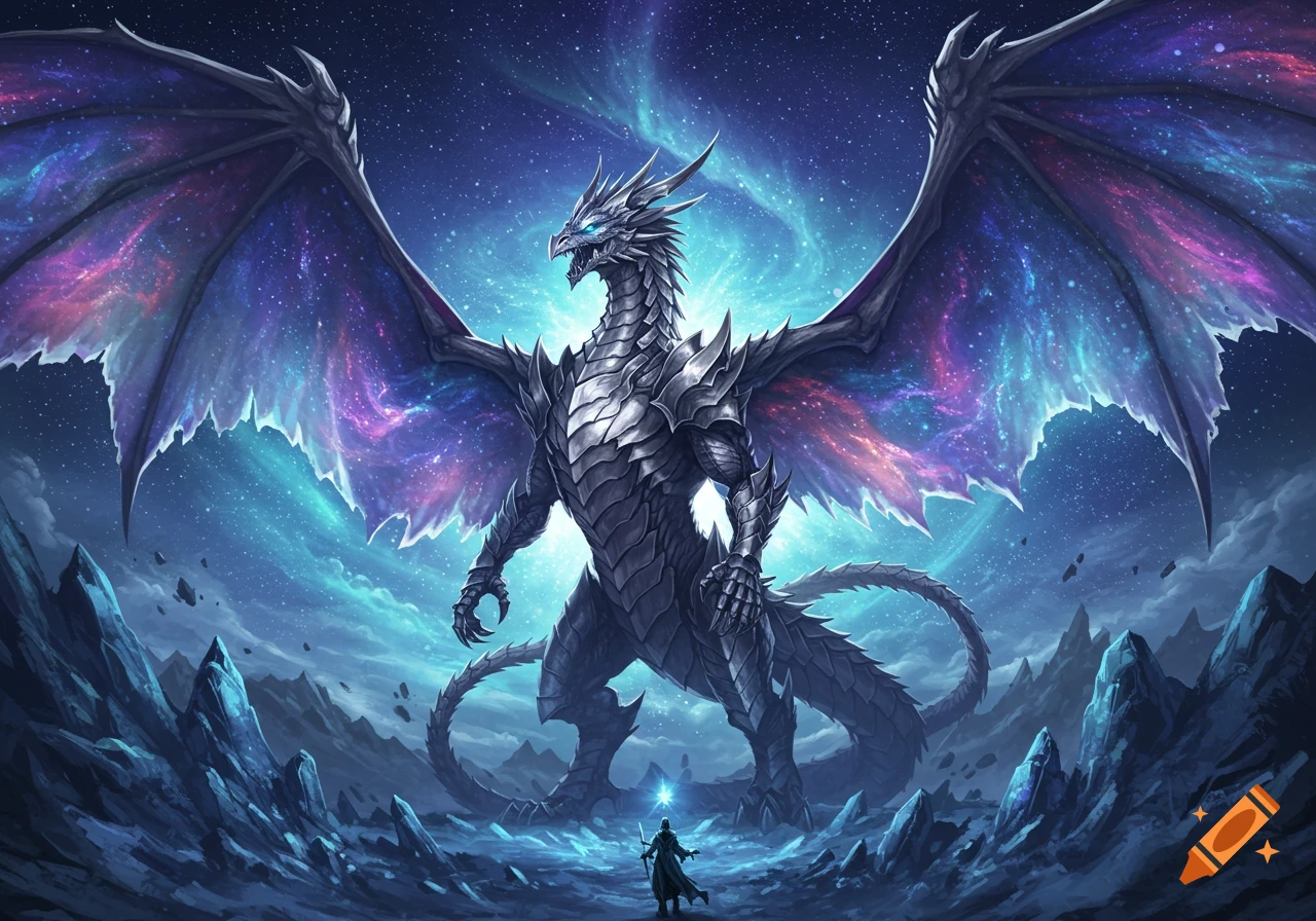 A massive armored silver dragon with galaxy-filled wings stands over a ...
