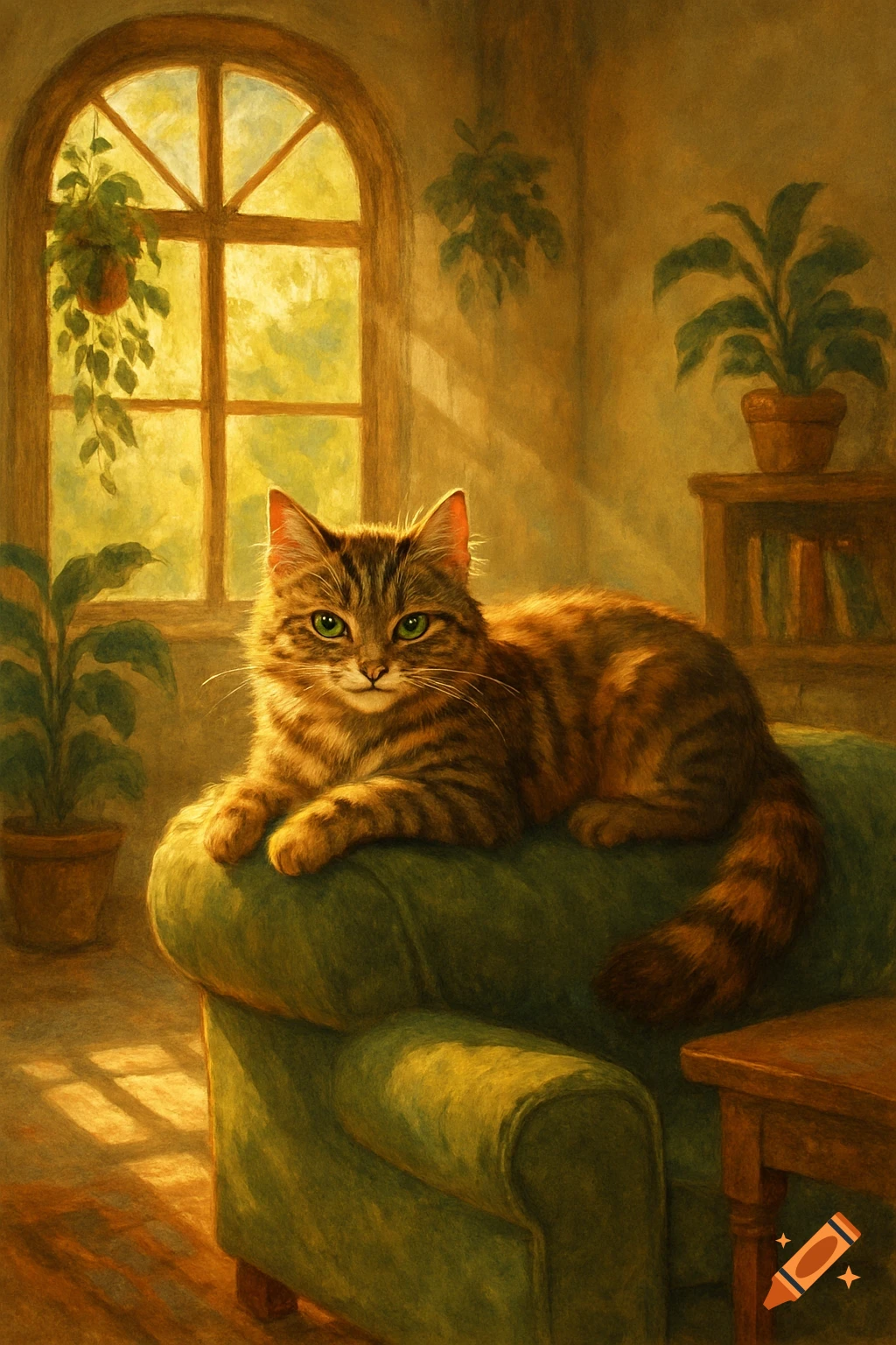 A cozy, warm illustration of an orange cat sleeping near a crackling ...