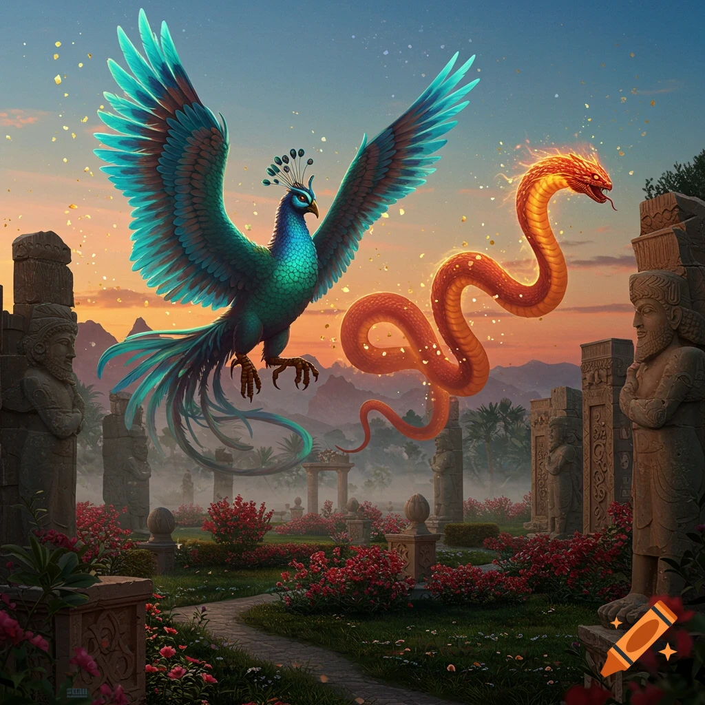 A mythical chimera with a lion's body, eagle's head and wings, and a ...