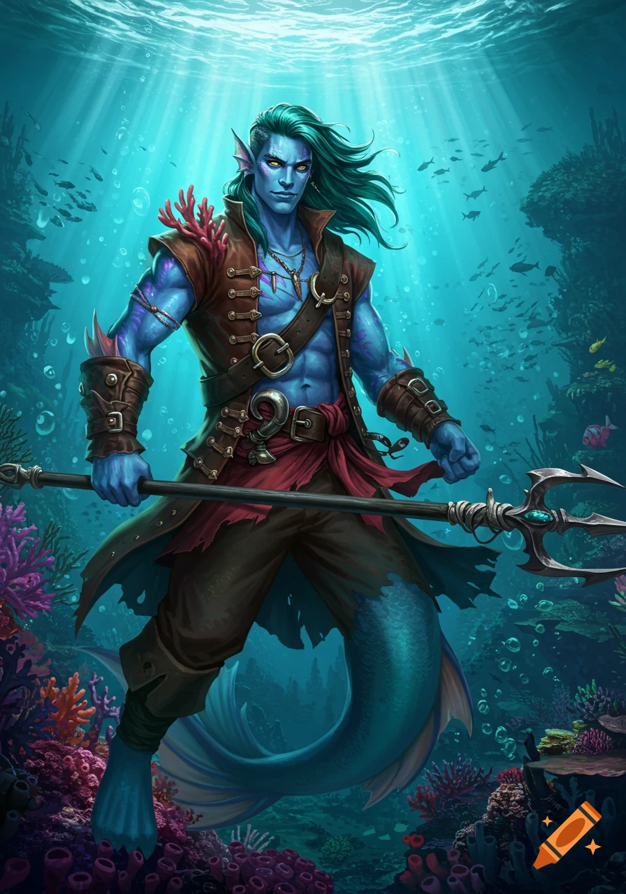 Blue-skinned triton pirate with seagreen hair holding a trident ...