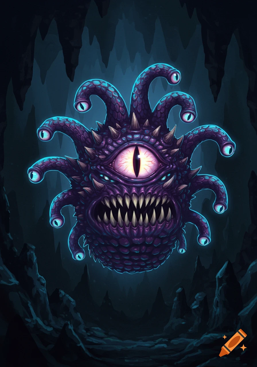An illustrative purple, spherical fantasy monster with a large central ...