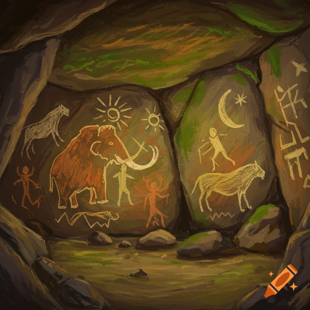 Prehistoric chalk pastel cave paintings depicting mammoths, humans, a ...
