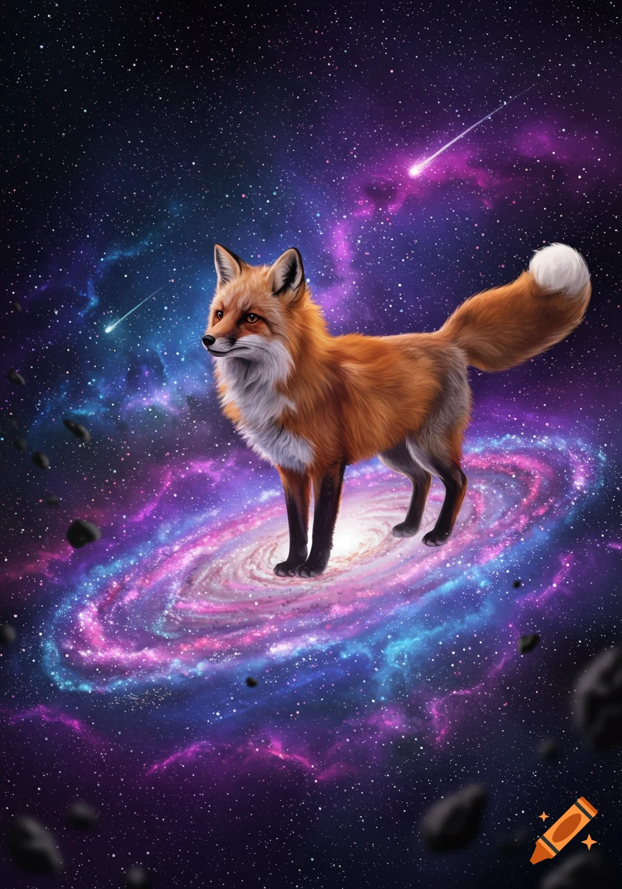 A majestic fox stands on a vibrant pink and blue spiral galaxy in deep ...