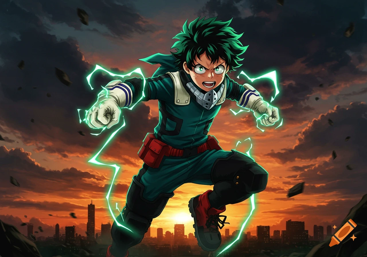 Anime depiction of Izuku Midoriya in superhero costume with green ...