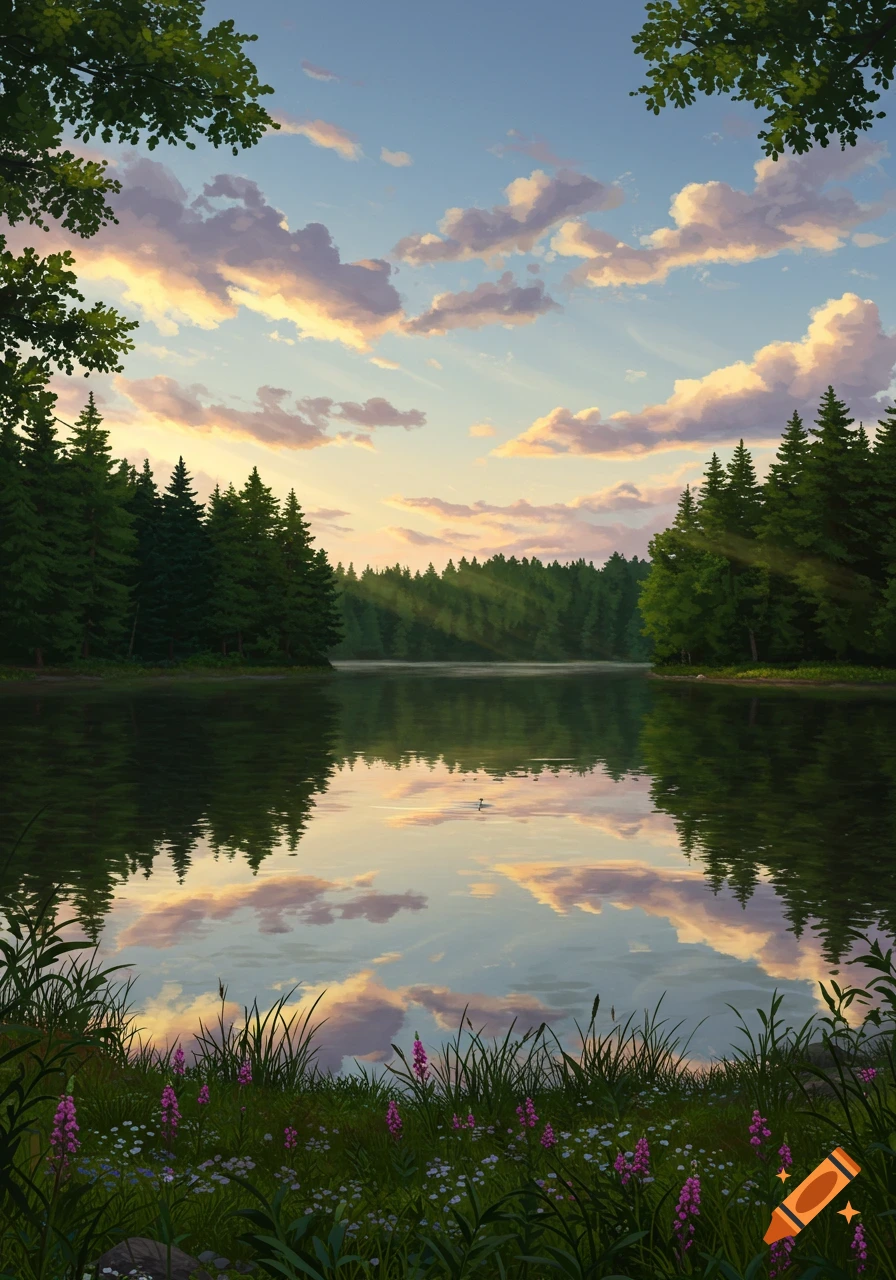 Painting of a woman in a teal bikini standing on rocks by a lake with a ...