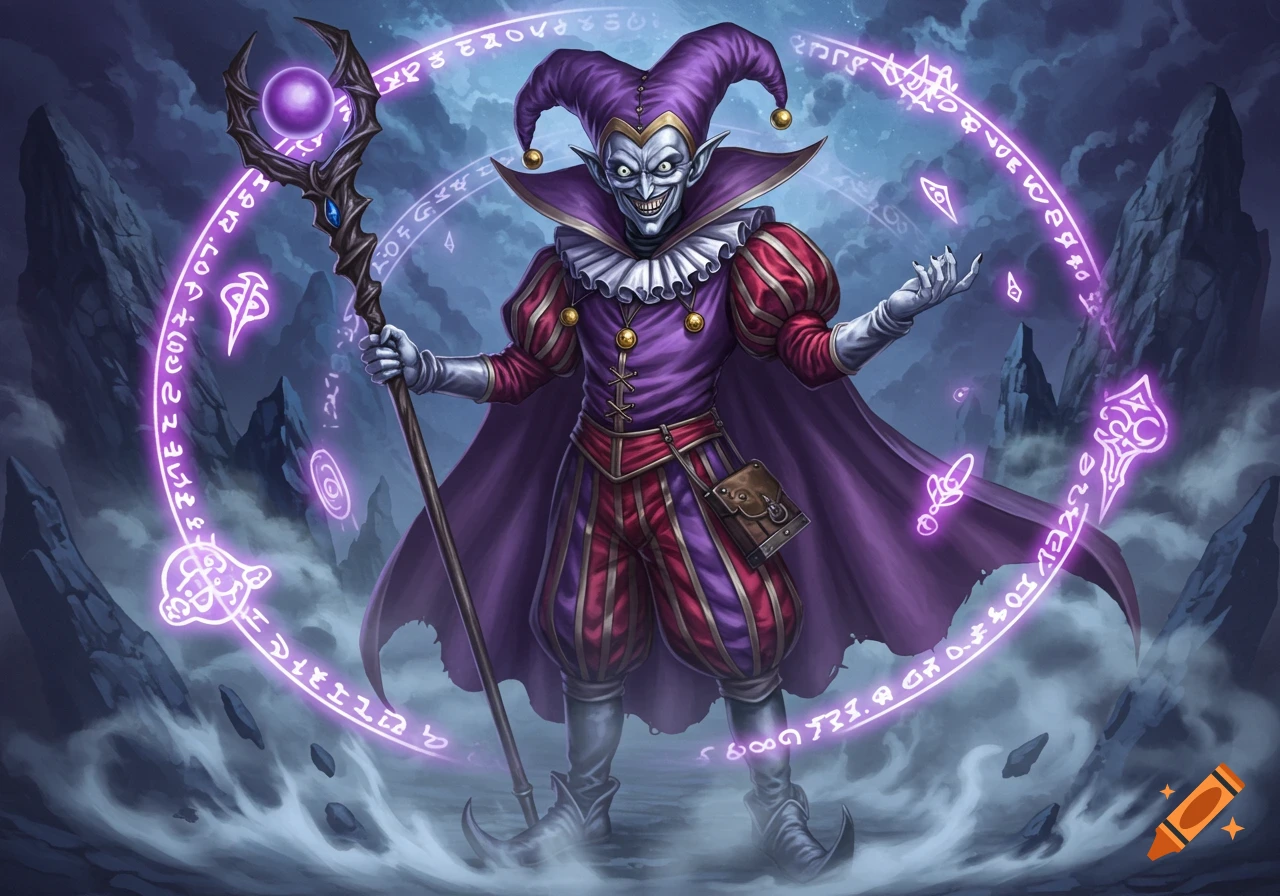 A sinister jester-like character in purple and red costume, holding a ...