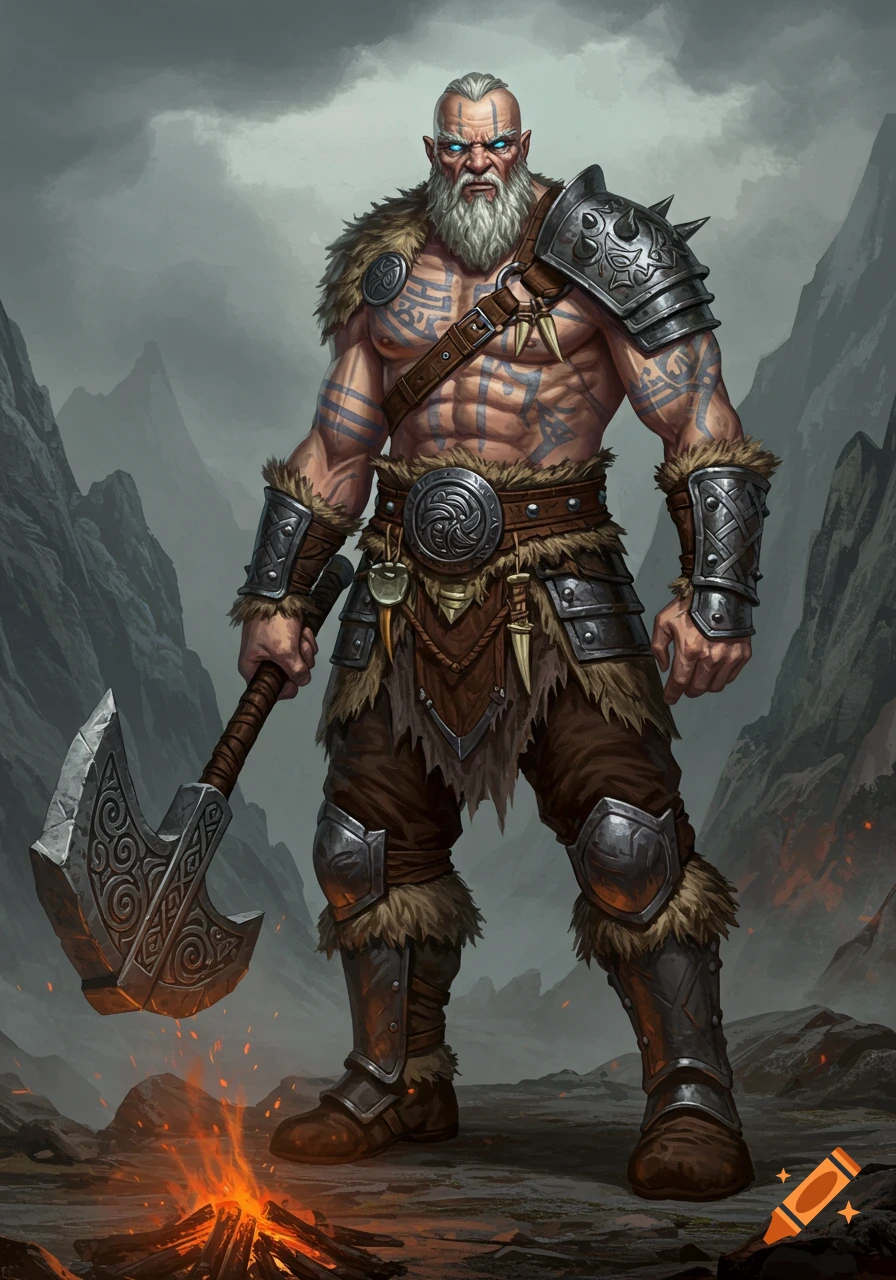 Muscular old goliath barbarian with white beard, glowing blue eyes, tattoos, fur armor, holding ...
