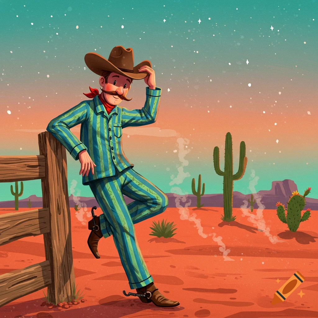 A cartoon chameleon cowboy with a cigarette leans against a cactus in a ...