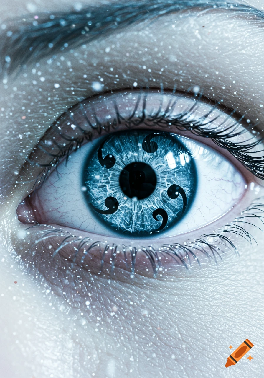 Close-up of a blue eye with a black, intricate, snowflake-like ...