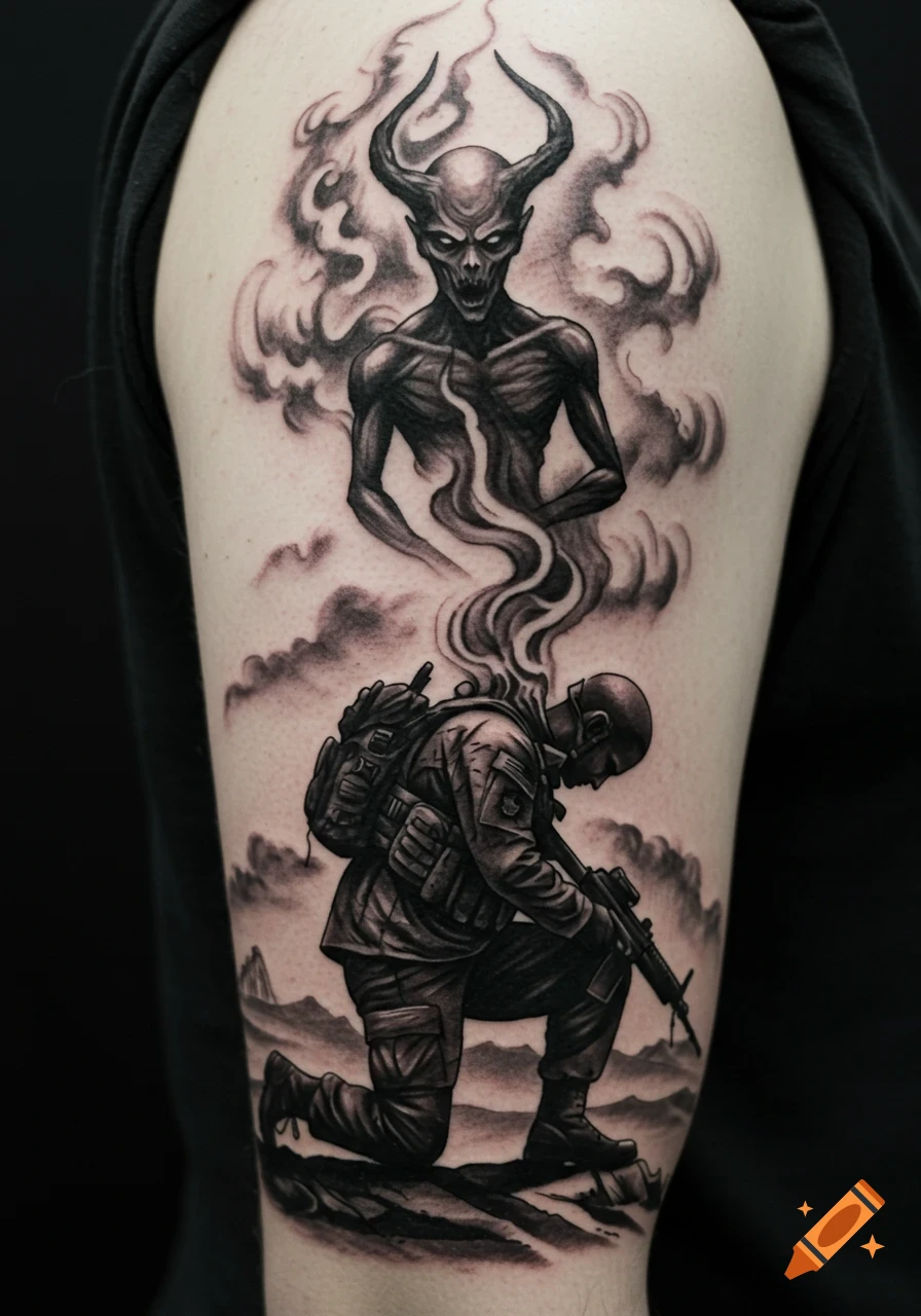 Black and grey tattoo on an arm depicting a kneeling soldier with a ...
