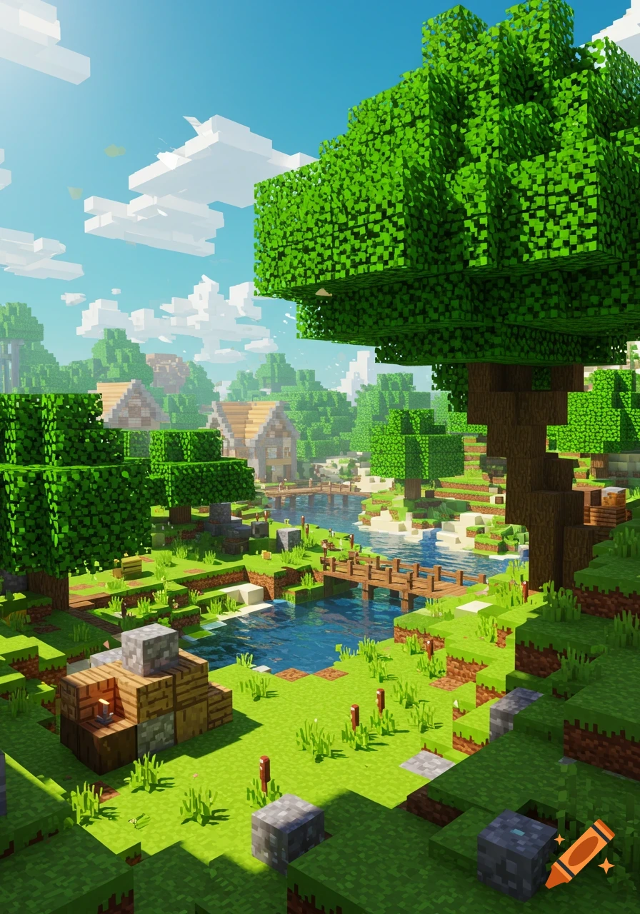 A vibrant Minecraft-style landscape with a blocky character in a red ...