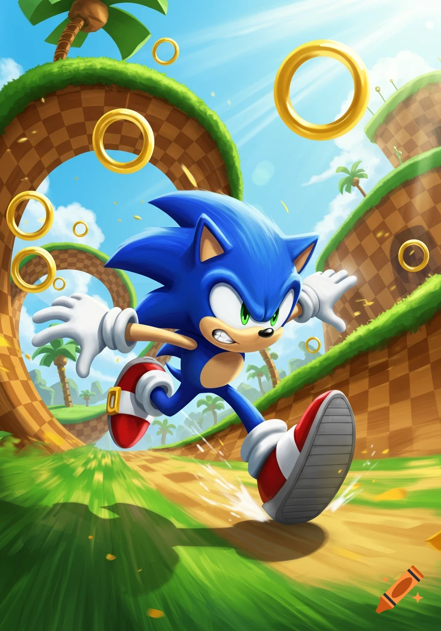 Sonic the Hedgehog runs quickly on a golden loop track in a vibrant ...