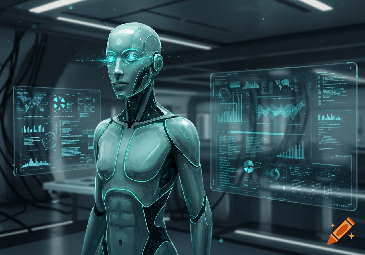 Humanoid robots with glowing eyes in a futuristic room with holographic ...