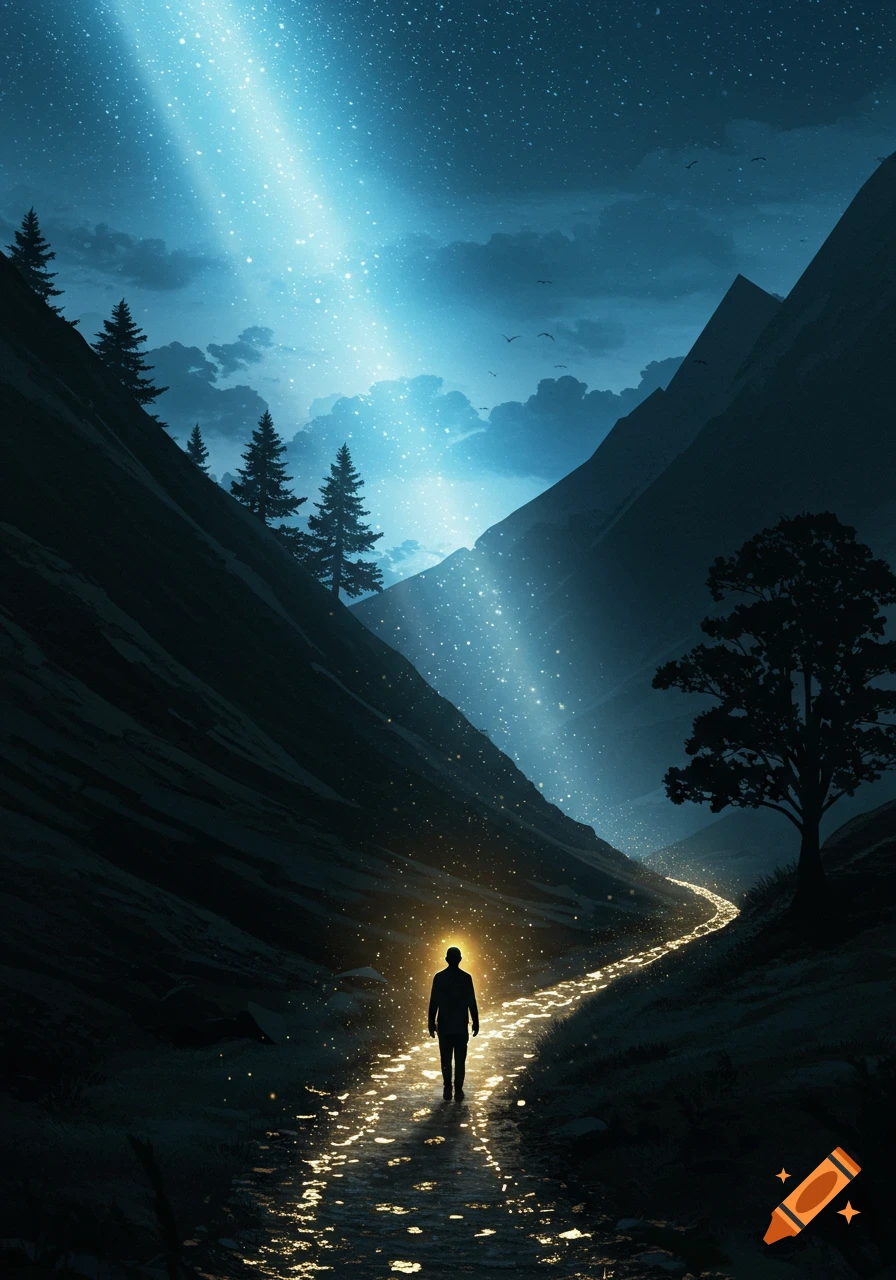 A black stick figure stands on a reflective surface under a pastel pink ...