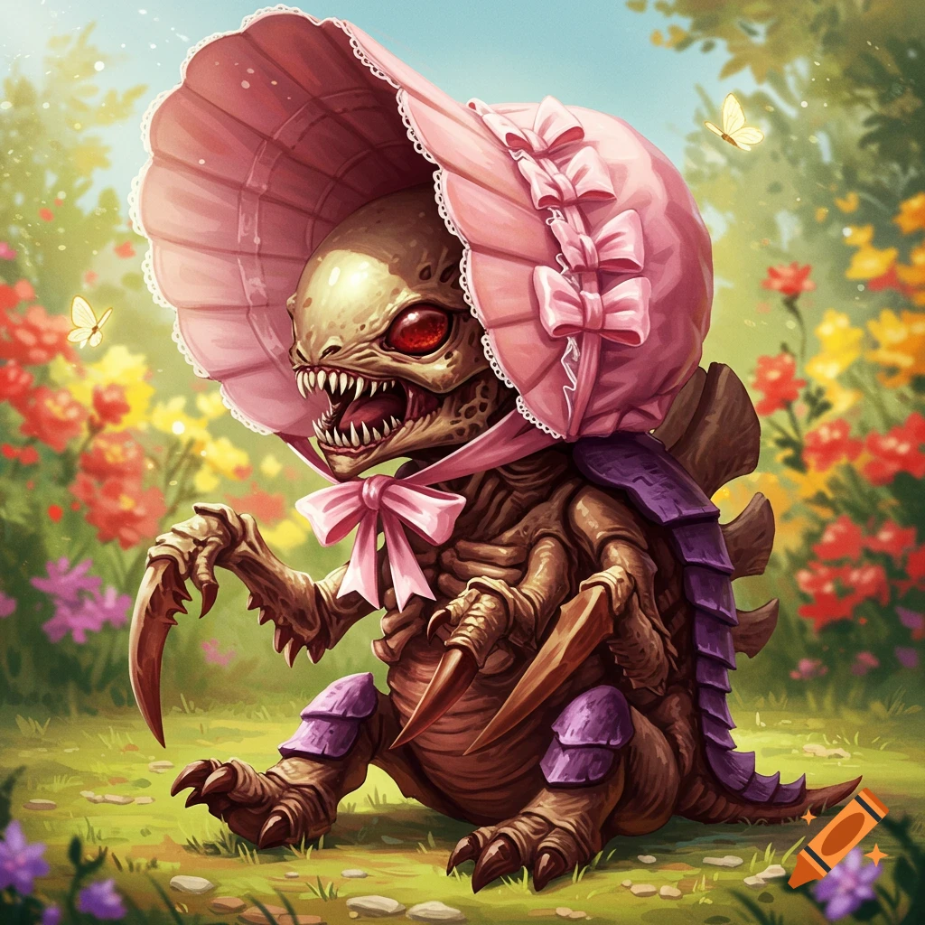 A cute, monstrous Tyranid alien wears a pink baby bonnet and ribbons ...