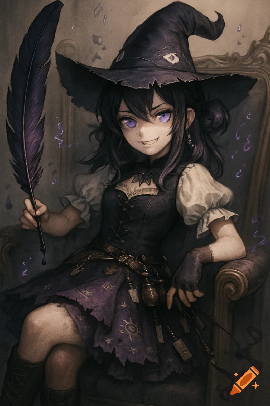 An anime witch with purple eyes and a pointed hat, lounging on a throne ...