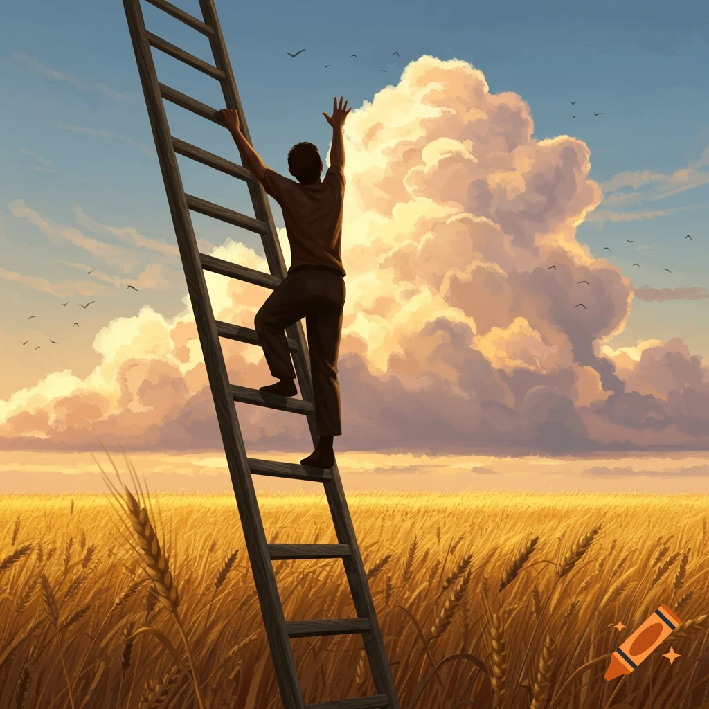 A person climbs a long wooden ladder stretching up towards a dramatic ...