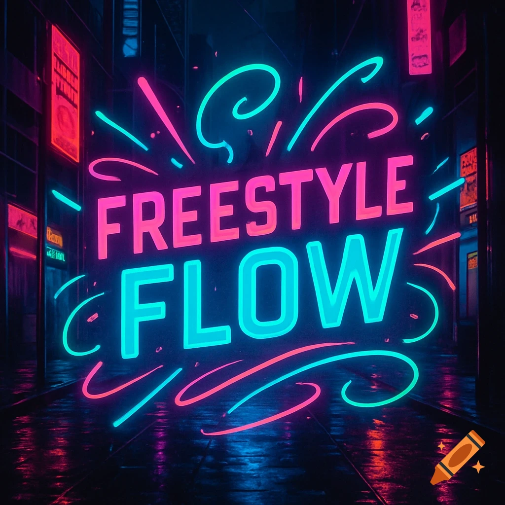 Neon sign displaying 'FREESTYLE FLOW' in bright pink and blue, set ...