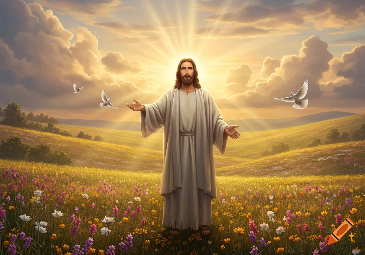 Jesus Christ with long brown hair and beard, wearing a white tunic and ...