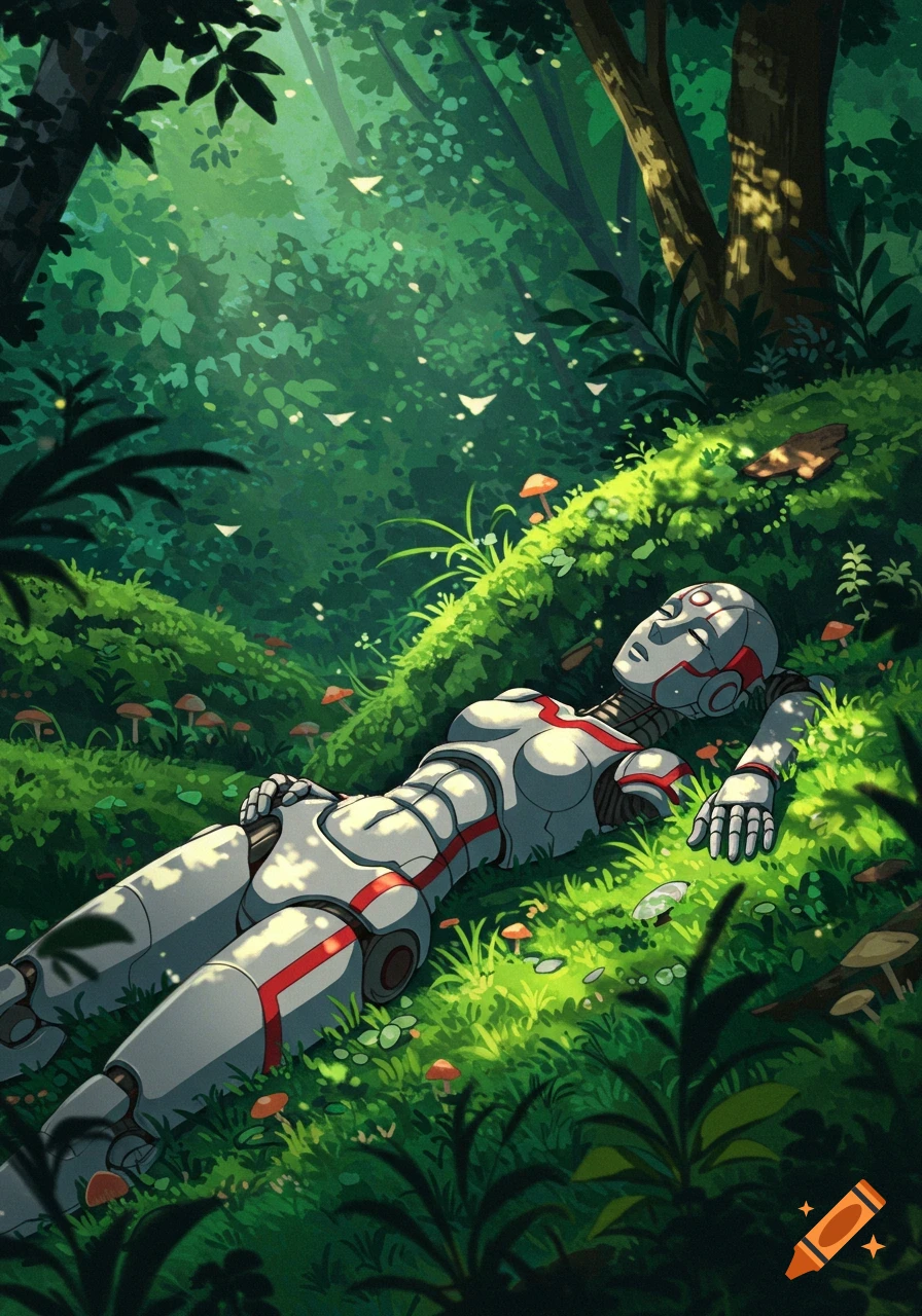 Cel-shaded anime illustration of a white and red female android resting ...