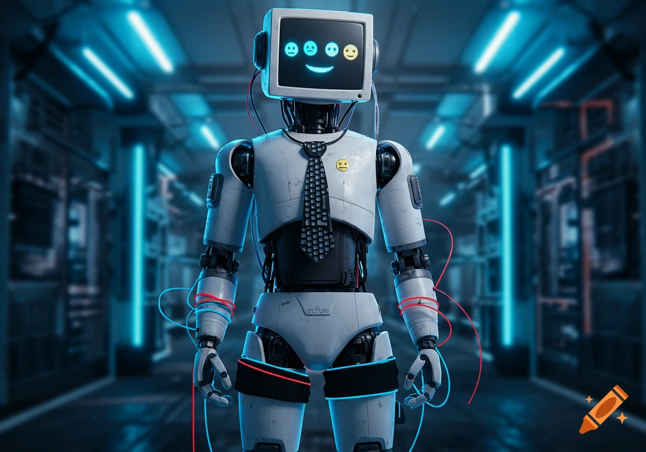 An android in profile plays a synthesizer keyboard against a dark blue ...