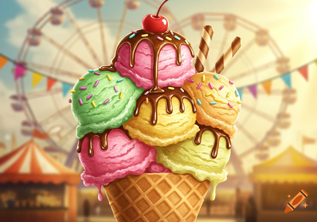 A colorful swirl ice cream cone with sprinkles on a yellow checkered ...