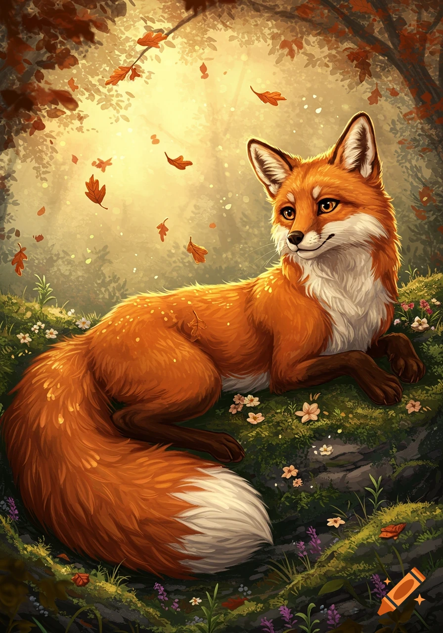 A mythical fox-like creature with leafy antlers stands in a magical ...