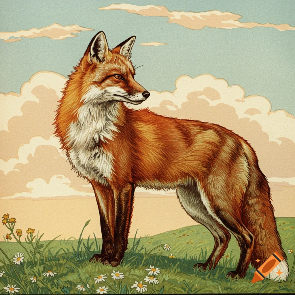 An Americana illustration of a red fox standing in a grassy field with ...