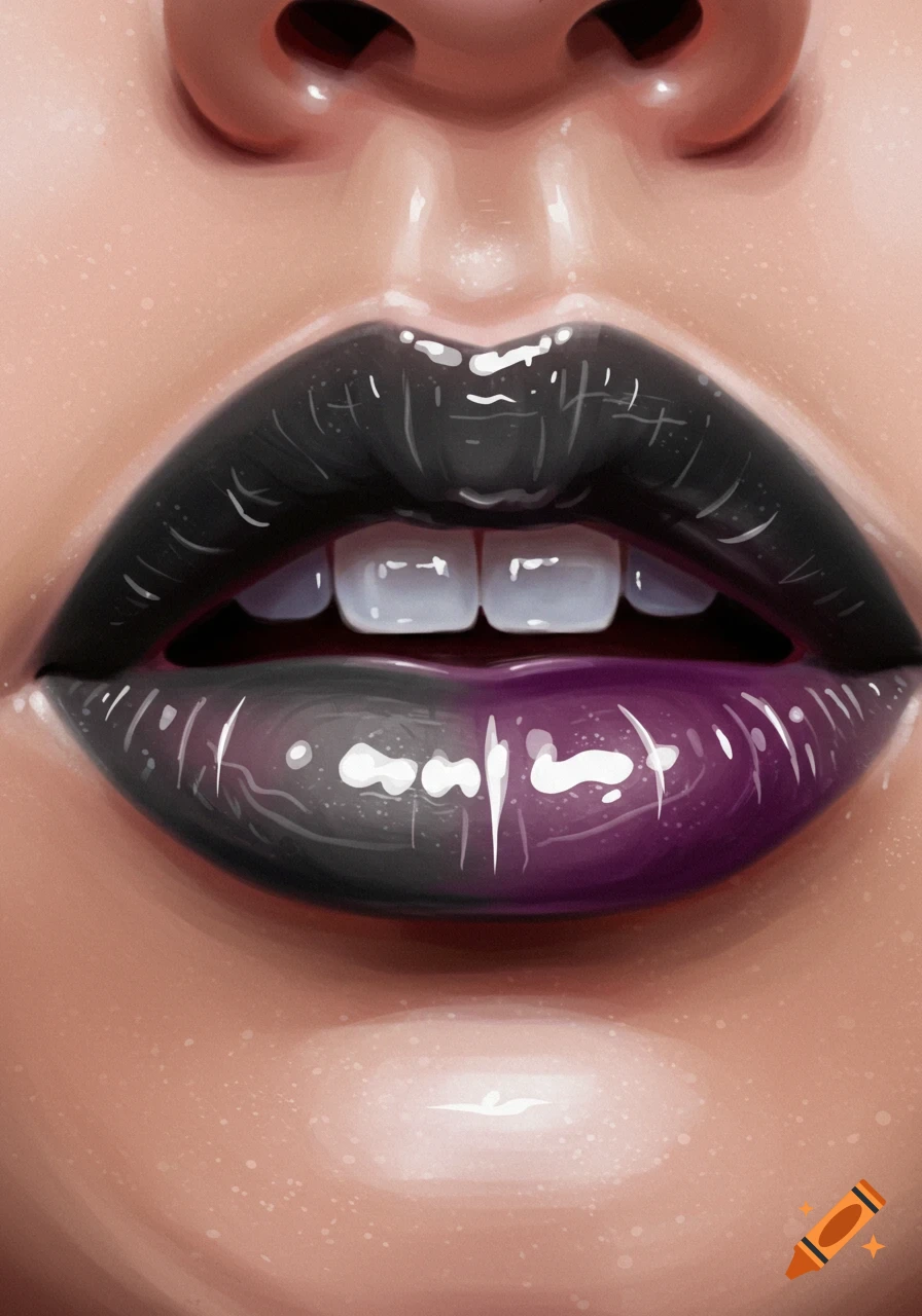 Close-up of glossy, pink lips and nose with strong highlights and shadows, rendered in a ...