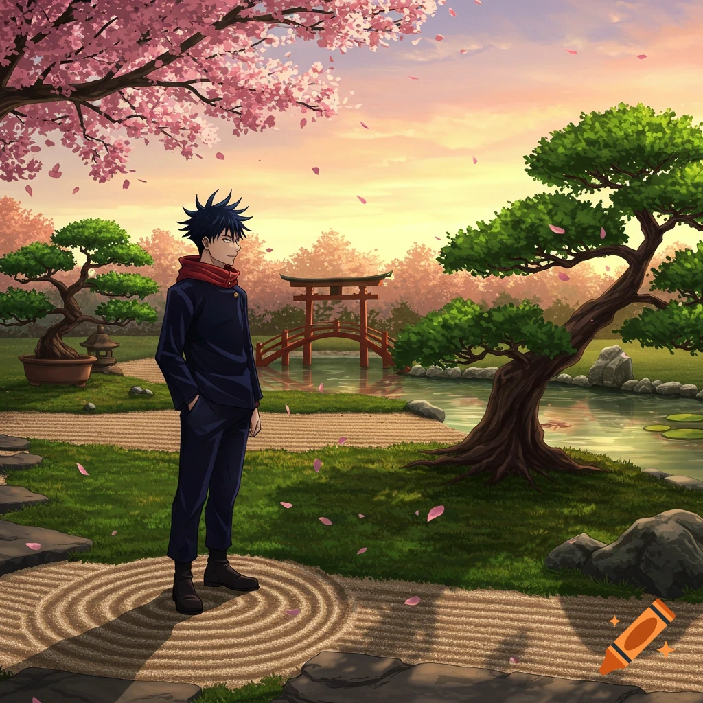 Megumi Fushiguro in an anime style, standing in a serene Japanese ...