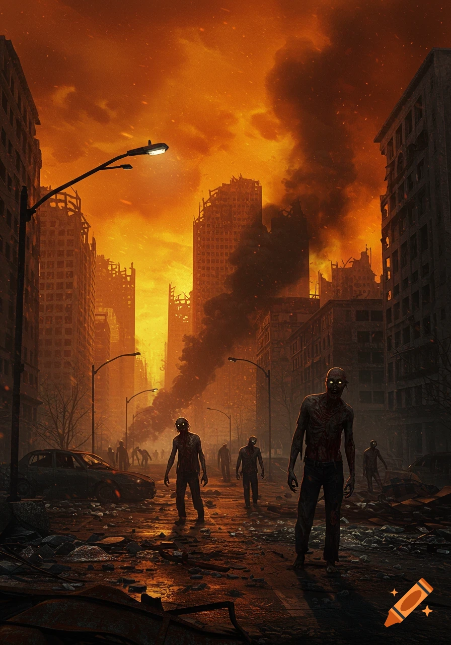 Zombies shamble down a destroyed city street under an orange, smoke ...