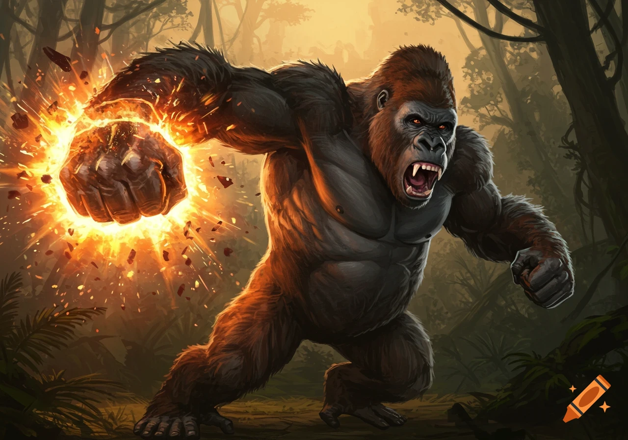 A powerful, roaring gorilla with an explosion glowing from its fist ...