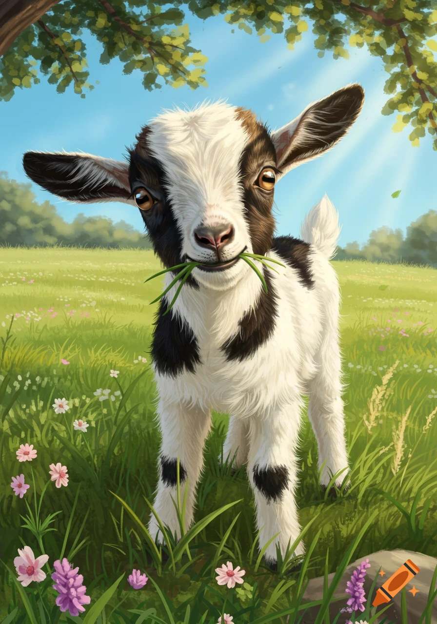 A cute baby cow looks up at a sparkling night sky with a shooting star ...