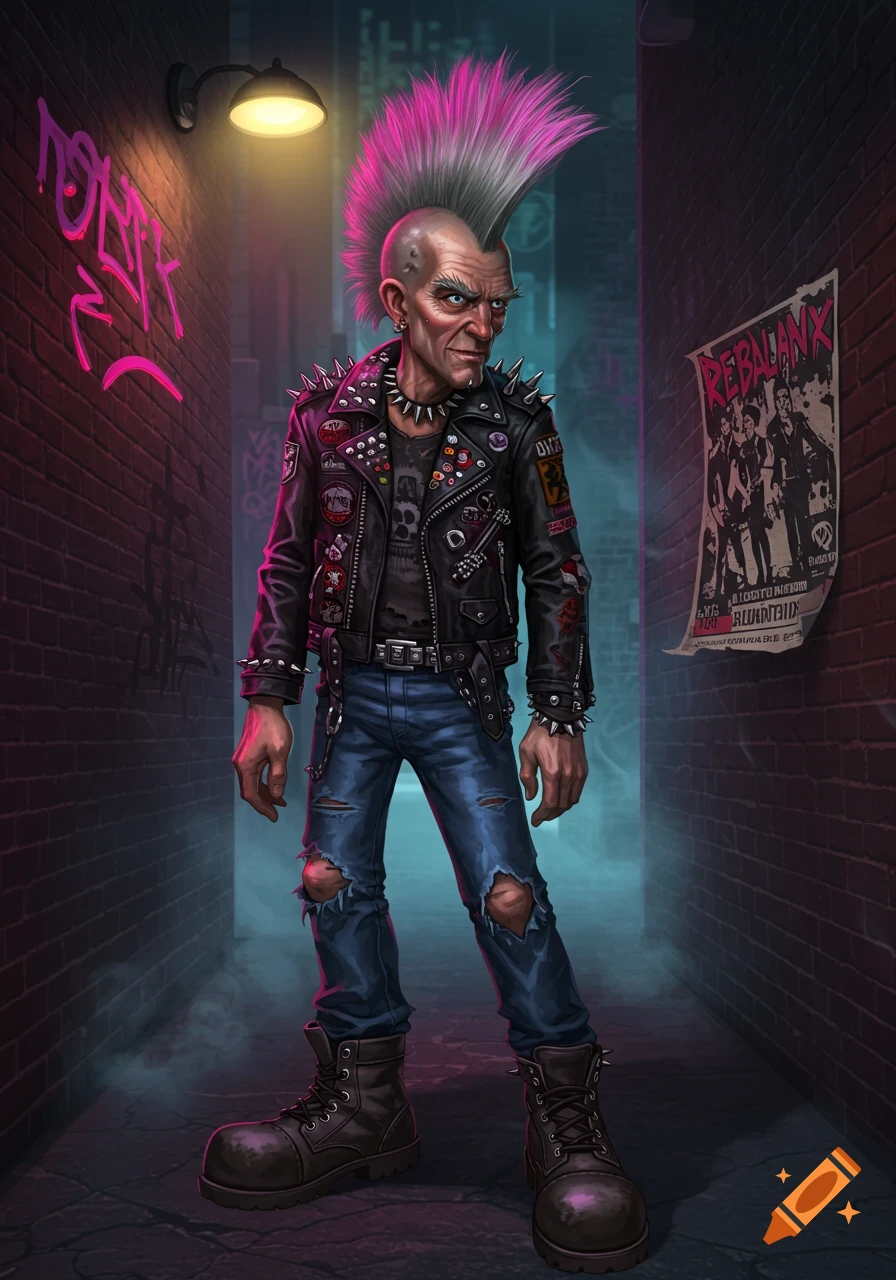 A stylized digital art portrait of a scrawny punk rock boy with a ...