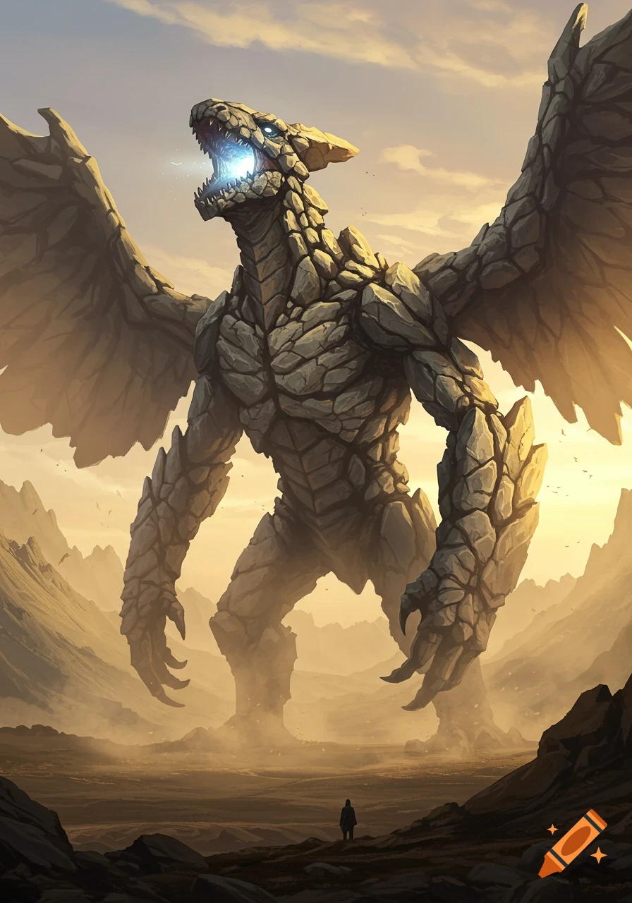 A huge mossy stone dragon, resembling mountains with a lake and ...