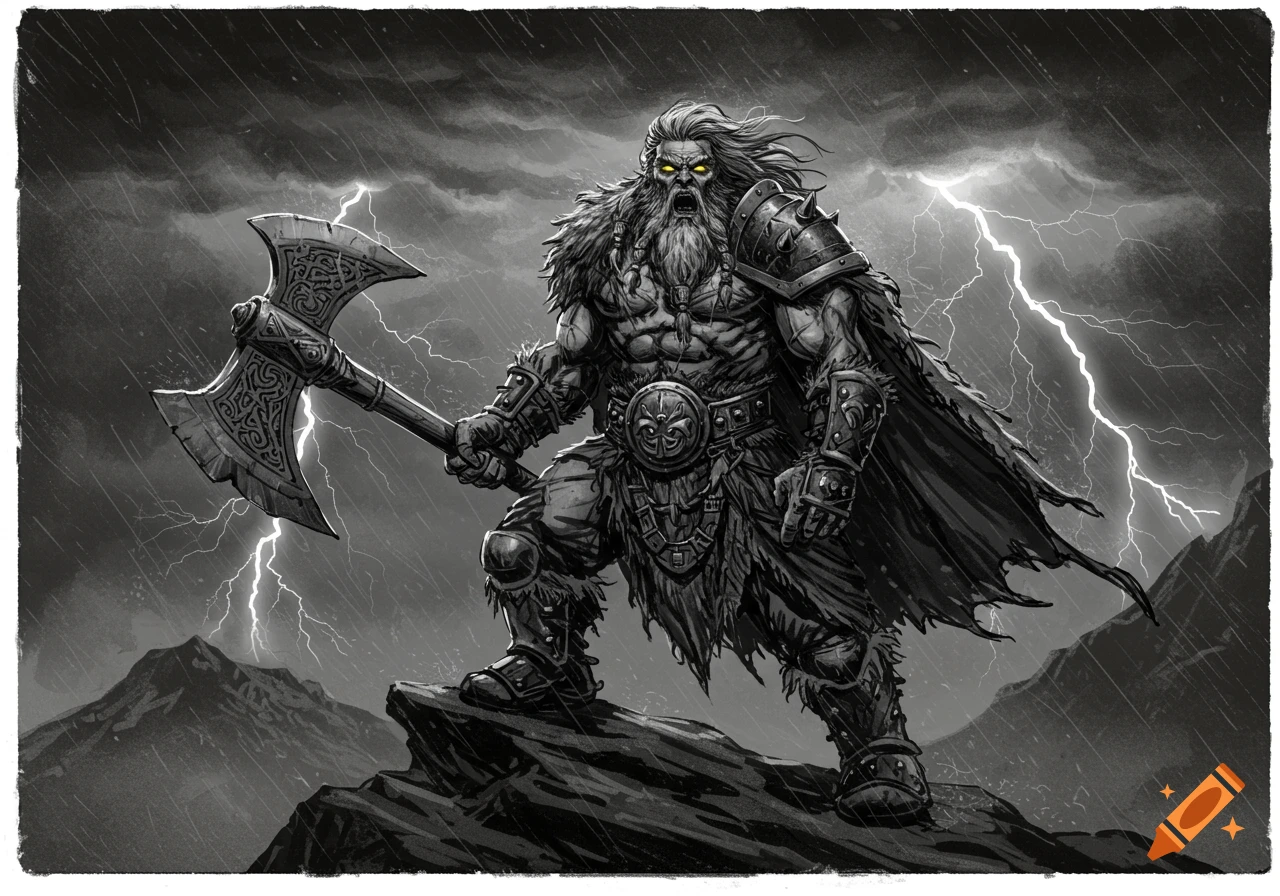 Monochrome illustration of a roaring, muscular warrior with glowing ...